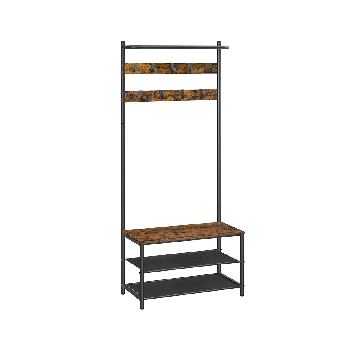 Kapstok met Bankje – 3-in-1 Kledingrek – 9 Haken, 2 Planken en Zitbank ...